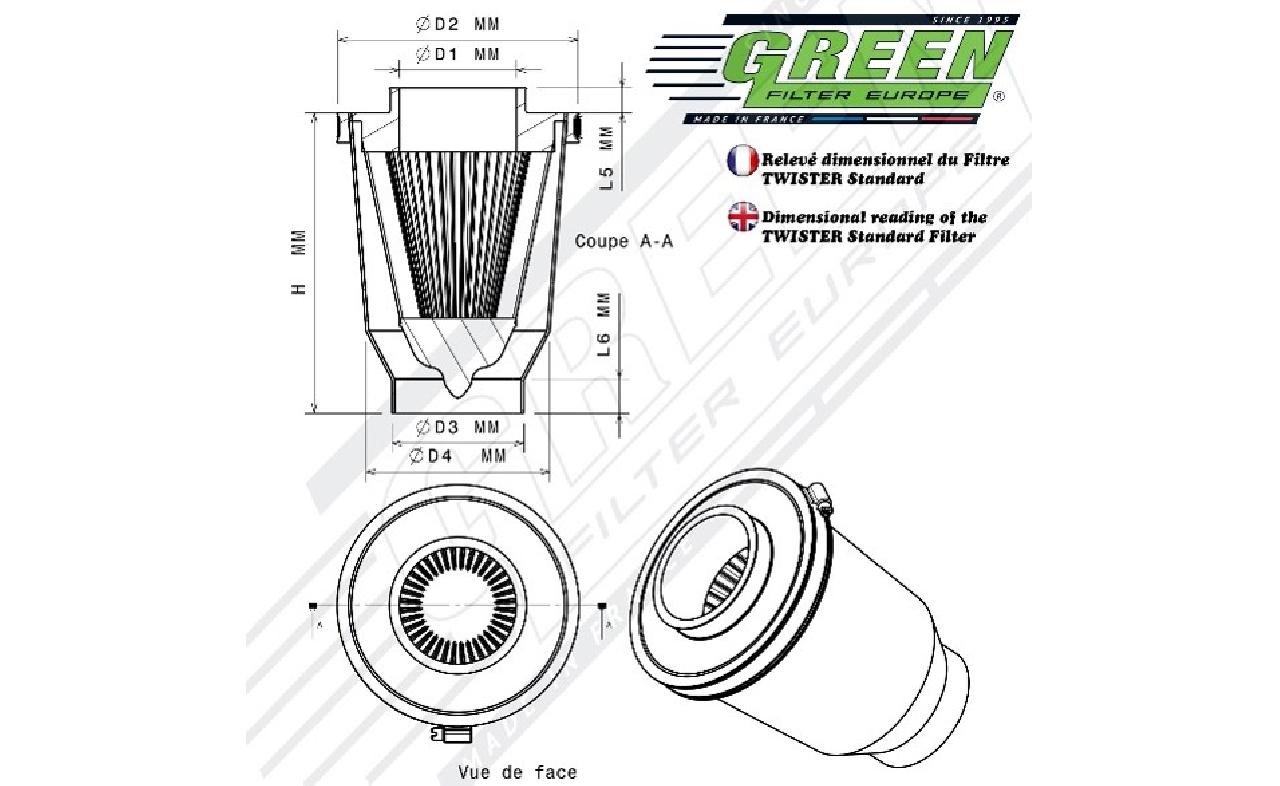 Filtre à air Twister standard (filtre seul) (TW85) GREEN DYNAMIC D1: 85 ...